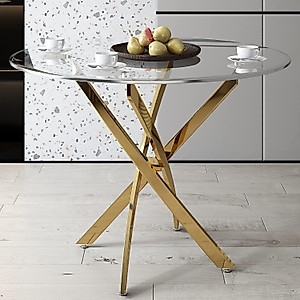 Goderfuu 36 inch Round Dining Table, Modern Dining Room Table with Gold Stainless Steel Base, Circle Tempered Glass Dining Table for 4, Small Dining Table Contemporary Kitchen Table Dinner Table