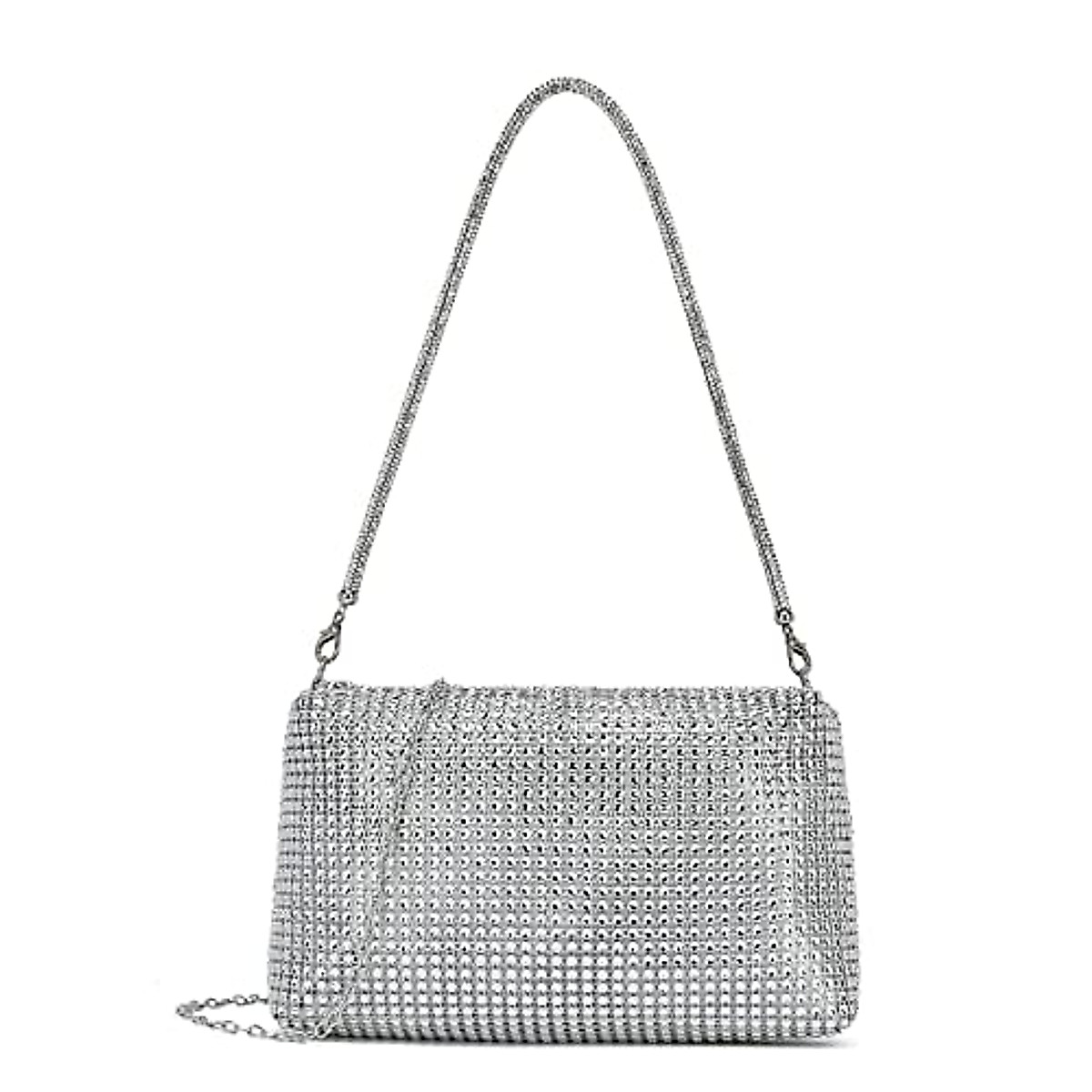 YIKOEE Crystal Rhinestone Clutch Purses for Women Evening Bag with Chain (Silver)
