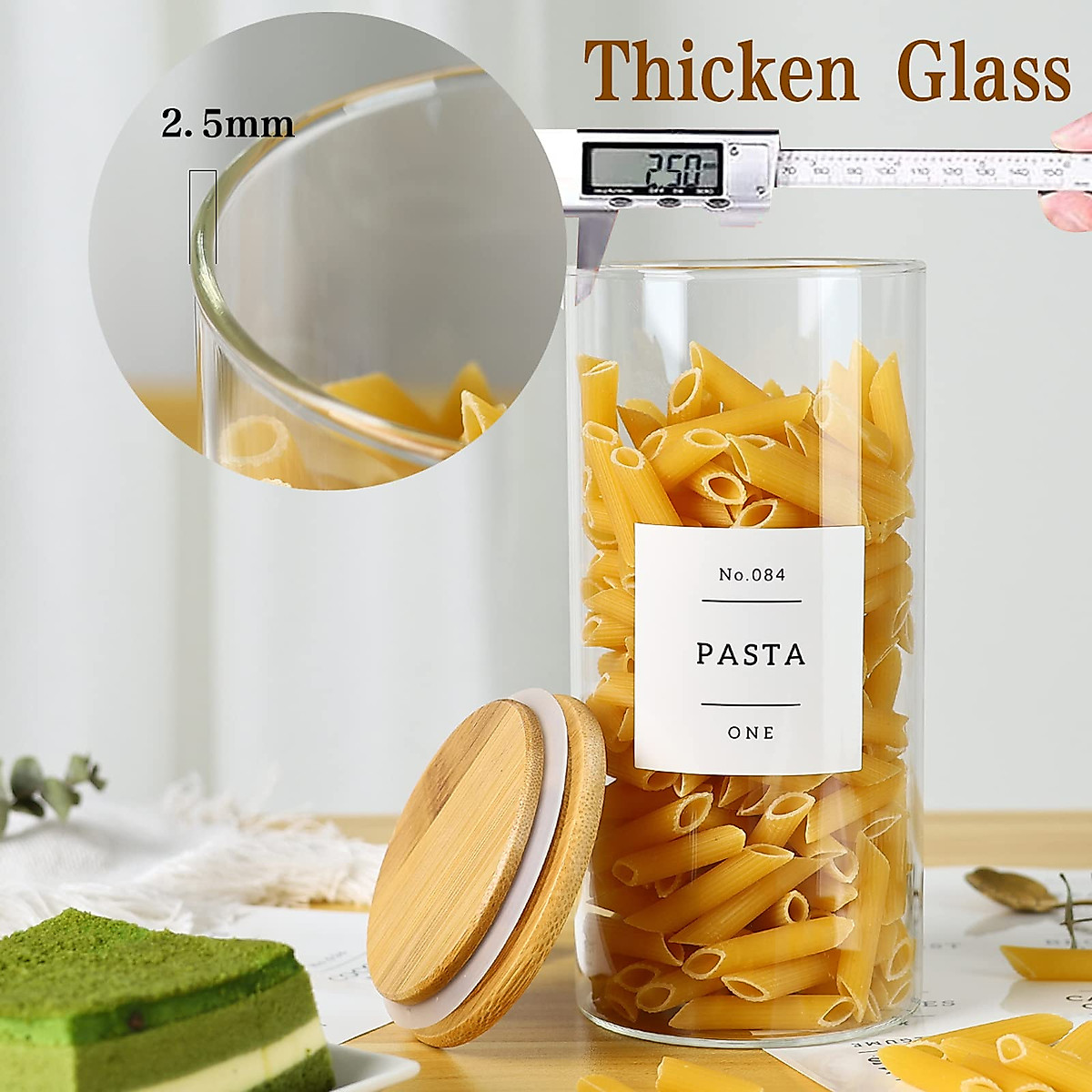 CZSZYGHBAO 5 Pack Glass Jars with Bamboo Airtight Lids - Stackable Food Storage Containers with 132 Pantry Labels - with Wood Lid for Candy, Cookie, Rice, Sugar, Flour, Pasta, Nuts