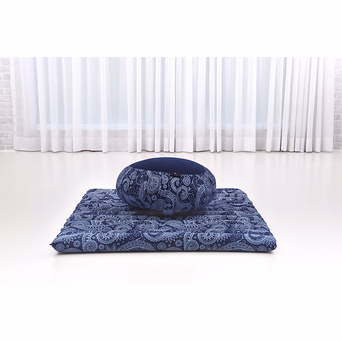 Leewadee Meditation Cushion Set – 1 Round Zafu Meditation Pillow and 1 Square Roll-Up Zabuton Meditation Mat, Pillows Bundle Filled with Eco-Friendly Kapok, Blue White