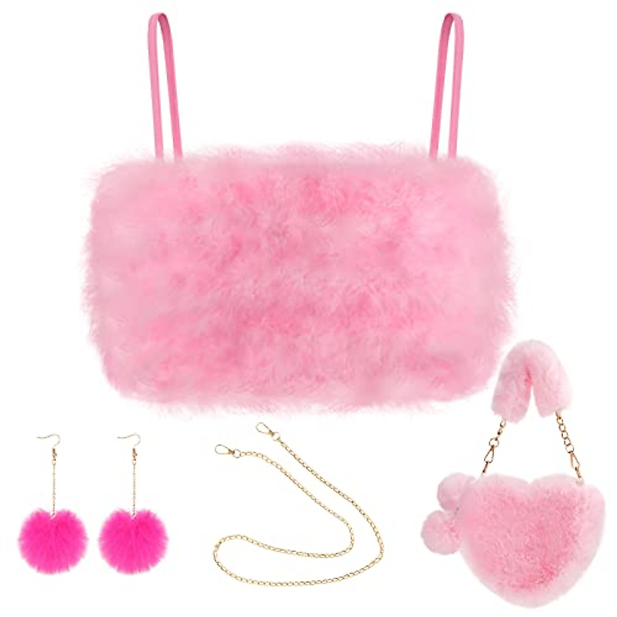 3 Pcs Faux Fur Tank Top Fluffy Heart Handbag Fur Pom Pom Drop Earring Set Furry Purse Pink Crop Tops Gold Chainlink Dangling Earring for Women Girl