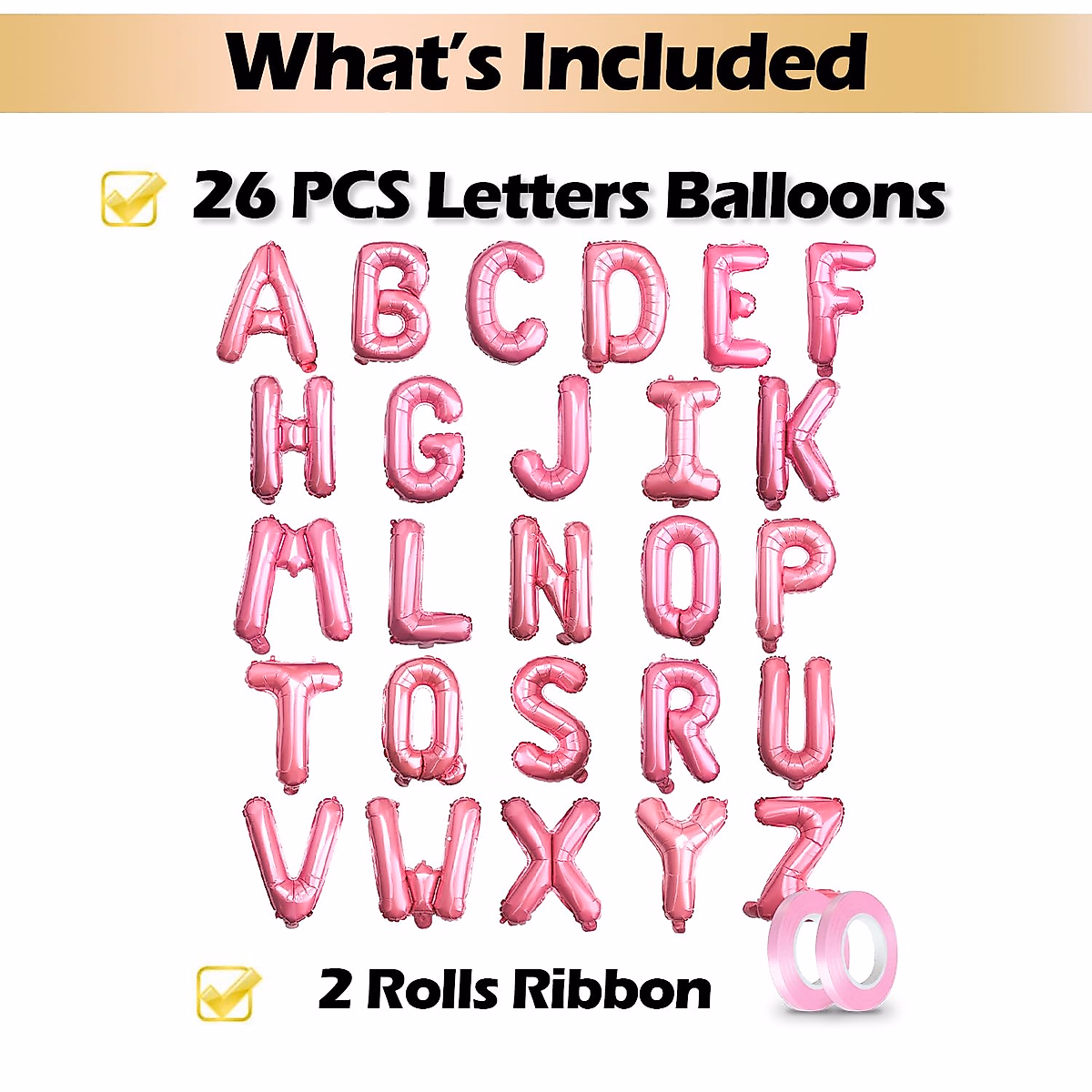 [26 Pcs] 16" Letter Pink Foil Balloons A-Z set, Mylar Aluminum Hanging Alphabet for Valentine's day Romance Mother's day Wedding Graduation Birthday Party Decorations New Year eve