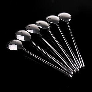 Korean Stainless Steel Rice Soup Iced Tea Spoon Coffee Spoon Cold Drink Spoon Fruit Juice Long Ice Scoop Long handle Great Circle 6Pcs