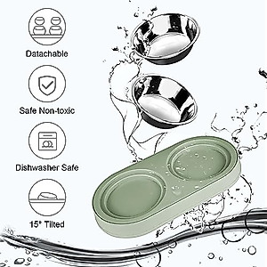 KEVIDEAWL Elevated Cat Food Bowls, Raised Cat Bowl with Stand Stainless Steel, Tilted Cat Bowls Anti Vomiting, Double Cat Food and Water Bowl Set for Cats (Green)