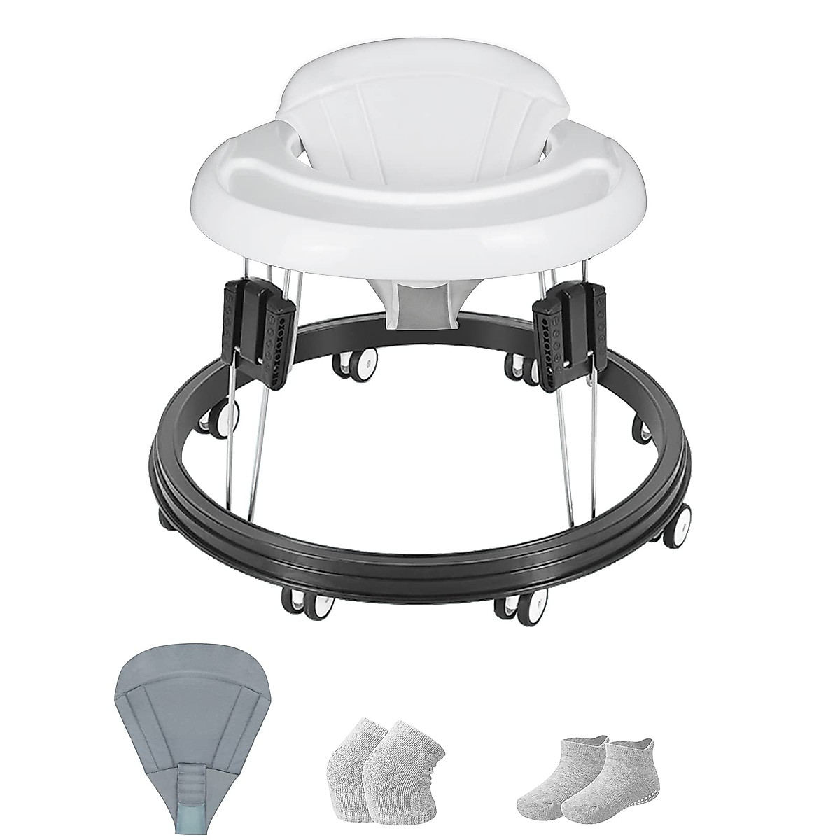 Baby Walker for Boys and Girls, Foldable Toddler Round Walker with Adjustable Height, Detachable Seat Cover and Mute Anti-Rollover Baby Walker, Suitable for Height 65-88cm