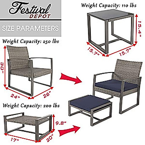 Festival Depot 5 Pieces Patio Outdoor Conversation Chairs Cushions Ottomans Set with Coffee Square Table Metal Frame Furniture Garden Bistro Seating Thick Soft Cushions (Blue)