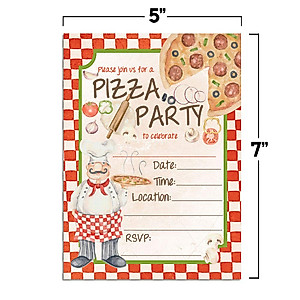 Watercolor Chef Pizza Party Themed Birthday Party Invitations for Kids, 20 5x7 Fill In Cards with Twenty White Envelopes by AmandaCreation