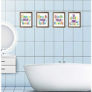 WhatSign Funny Bathroom Quote Art Print, Kids Bathroom Decor,Farmhouse Bathroom Decor,Bathroom Rules Typography,Signs & Rules Decorations ,Set of 4, 8" x 10", Unframed