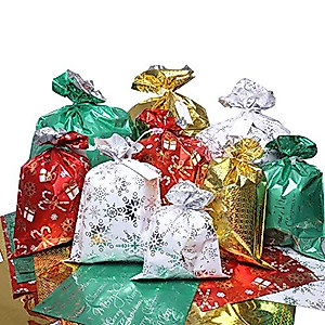 Christmas Gift Bags, 32Pcs Santa Wrapping Bag in 4 Sizes and 4 Designs with Ribbon Ties and Tags for Wrapping Holiday