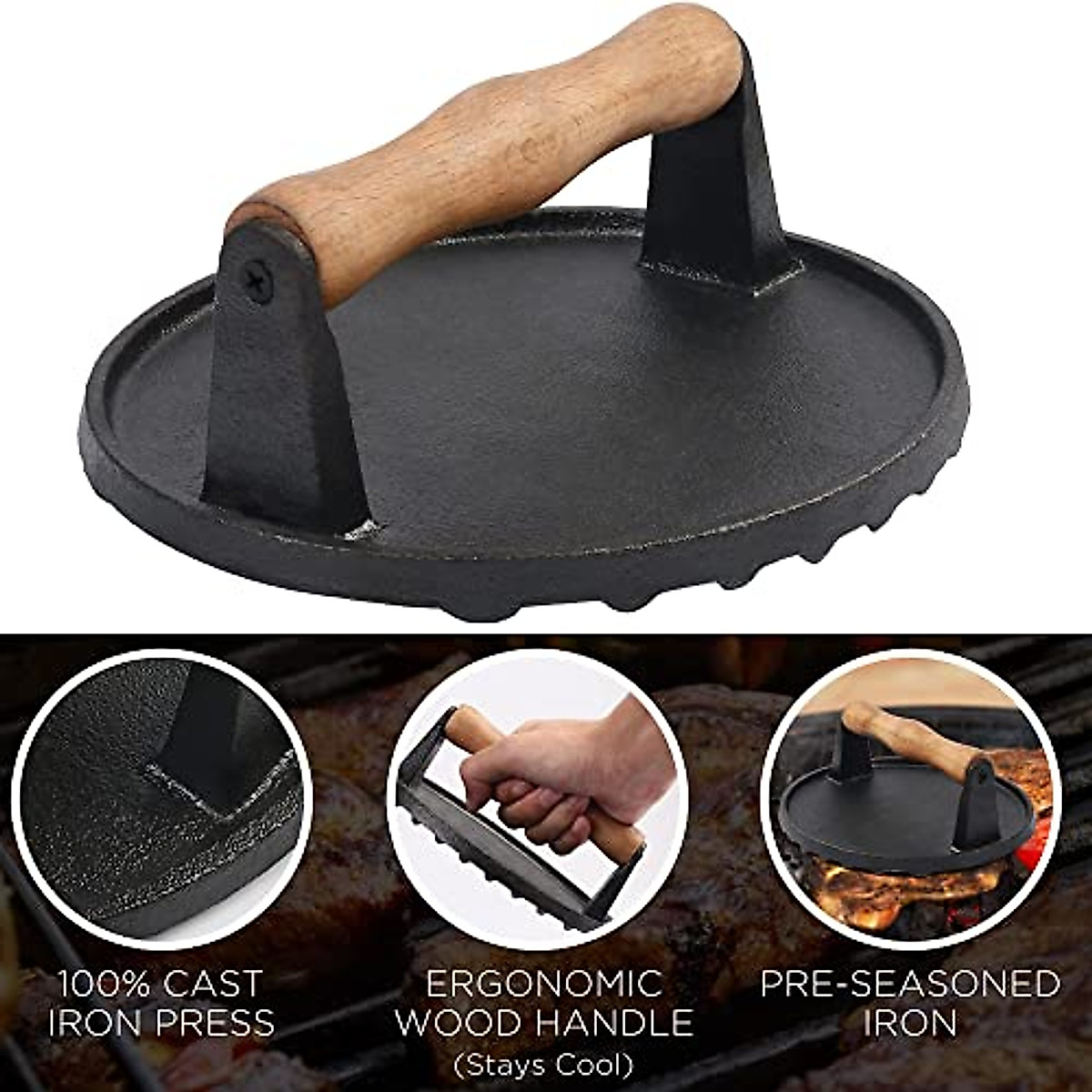LotFancy Cast Iron Grill Press, 7 Inch, Smash Burger Press for Griddle, Round Bacon Meat Smasher, Wood Handle
