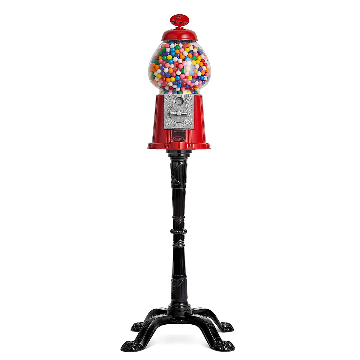 Gumball Machine - 15 Inch Candy Dispenser with Stand for 0.62 Inch Bubble Gumball - Heavy Duty Red Metal with Large Glass Bowl - Easy Twist-Off Refill - Free or Coin Operated - by The Candery
