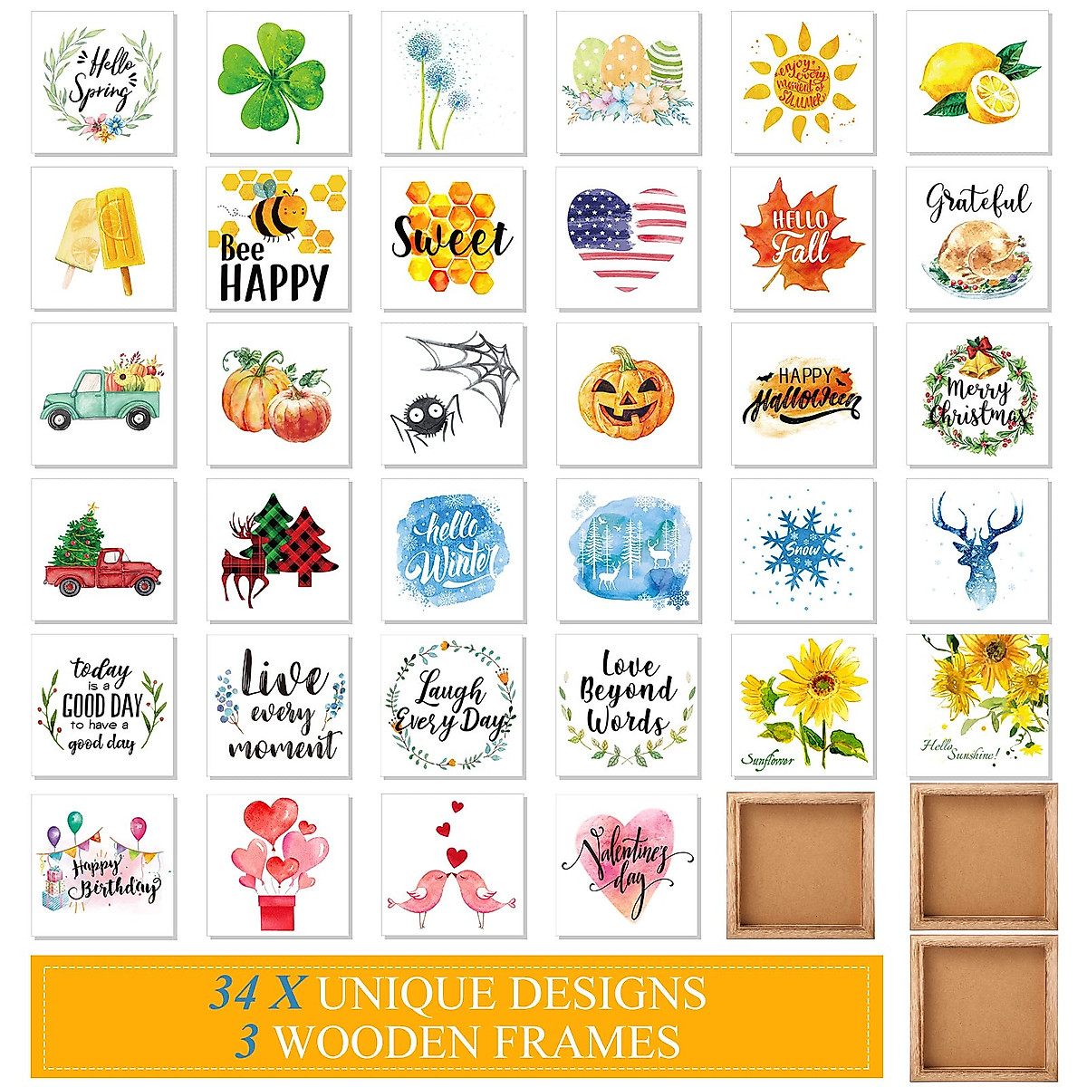 Farmhouse Home Decor Signs 3 Frames with 34 Interchangeable Holiday Seasonal Sayings Tiered Tray 6.7 x 6.7 Inch Fall Wall Decor Frames Sign for Living Room Wall, Table