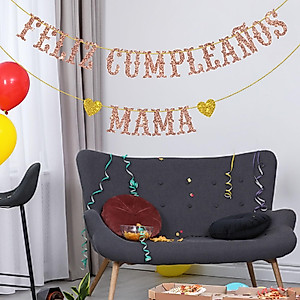 Helewilk Feliz Cumpleaños Mama Banner/Spanish Happy Birthday Mom Banner/Mexican Fiesta Theme Mom' Birthday Mother's Day Party Decorations/Rose Gold Glitter
