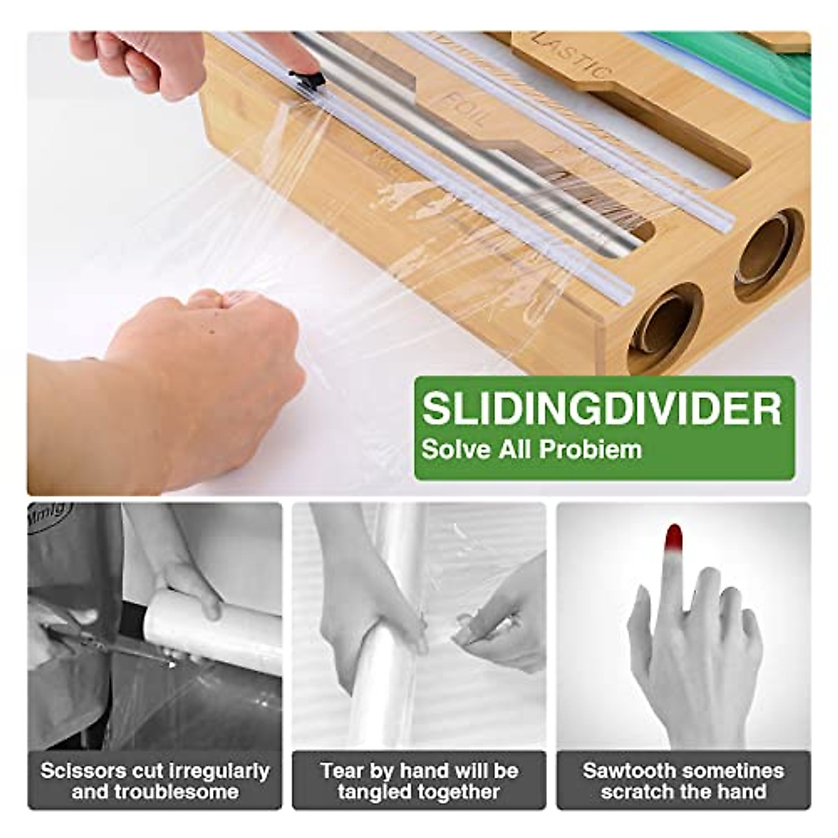 MIRBIRTOS bamboo ziplock bag organizer for drawer Foil And Plastic Wrap Organizer 6 In 1 Plastic Wrap Dispenser with Cutter Compatible with 12" Kitchen Rolls