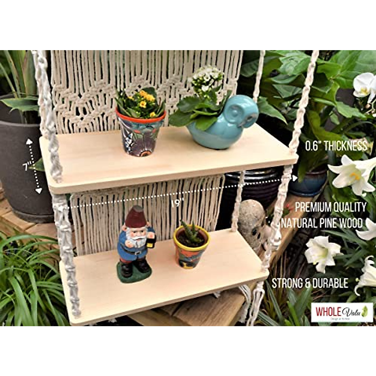 Macrame Wall Hanging Shelf-ideal décor-plants storage bookshelf-Bohemian Decorative Shelves-Boho Floating Indoor Shelving–For bedroom kitchen bathroom room with window Plant hanger 3 Tier Heart