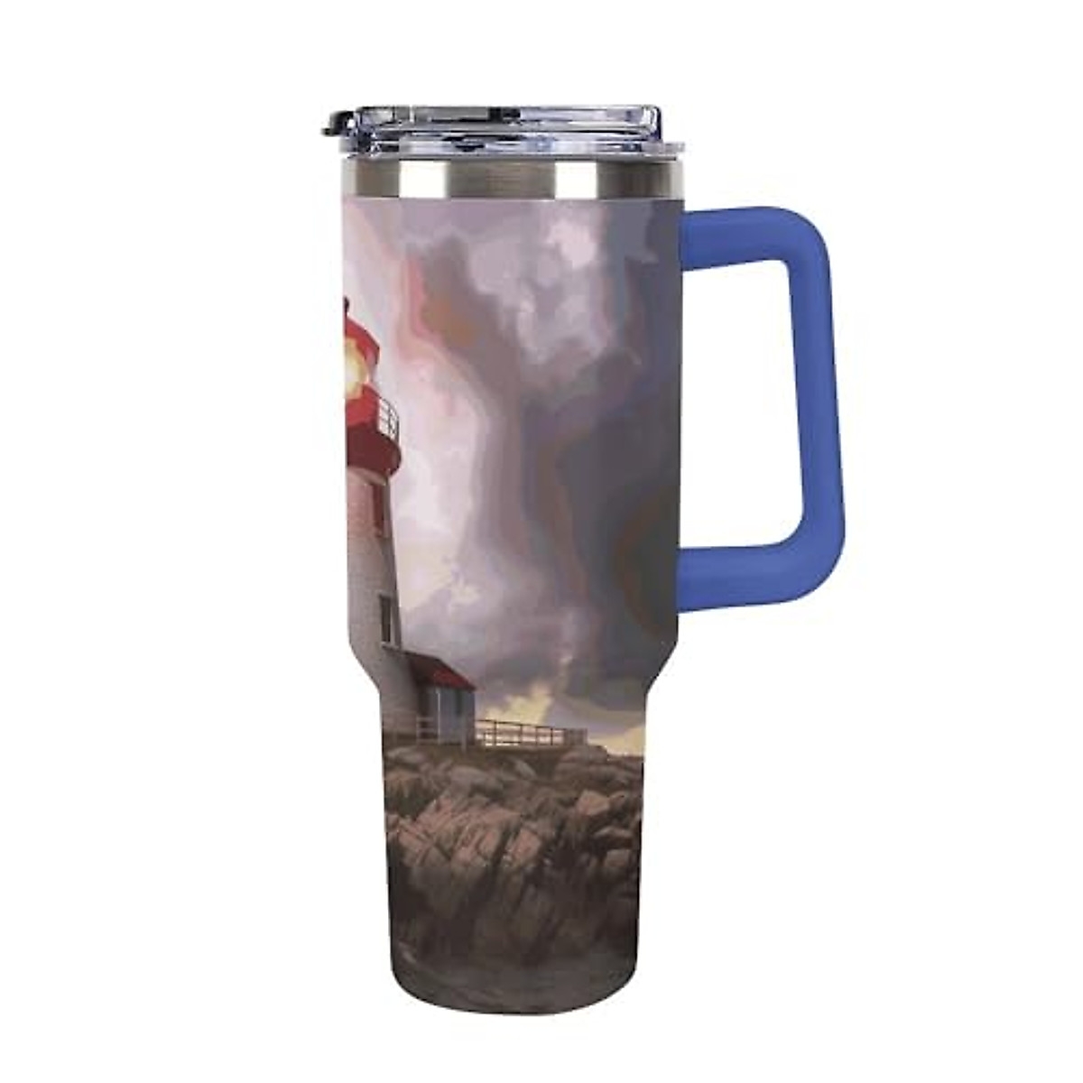 LLUTSNTH 40 Oz Vacuum Tumbler with Deep Blue Handle Leakproof Insulated Tumbler Lighthouse Stainless Steel Travel Mug with Lid And Straw Coffee Cup Cute Water Bottles Cup Holder Friendly