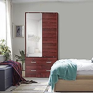 Better Home Products Sarah Double Sliding Door Armoire with Mirror in Mahogany