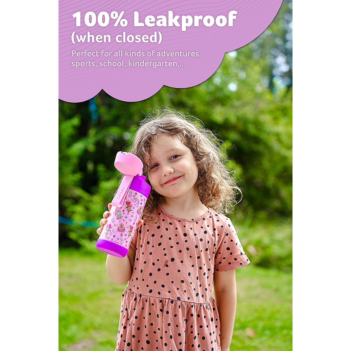 JARLSON® kids water bottle - MALI - insulated stainless steel water bottle with chug lid - thermos - girls/boys (Princess 'Mosaic', 12 oz)