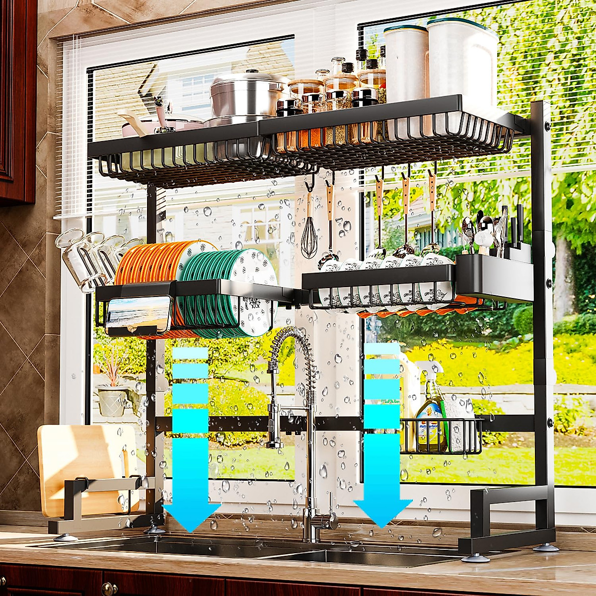 adoymiro Dish Drying Rack - Large Over The Sink Dish Drainer Drying Rack (30.0" to 33.9" W), Large Capacity Stainless Steel Dish Rack, Multifunctional Kitchen Organizers and Storage Rack, Black