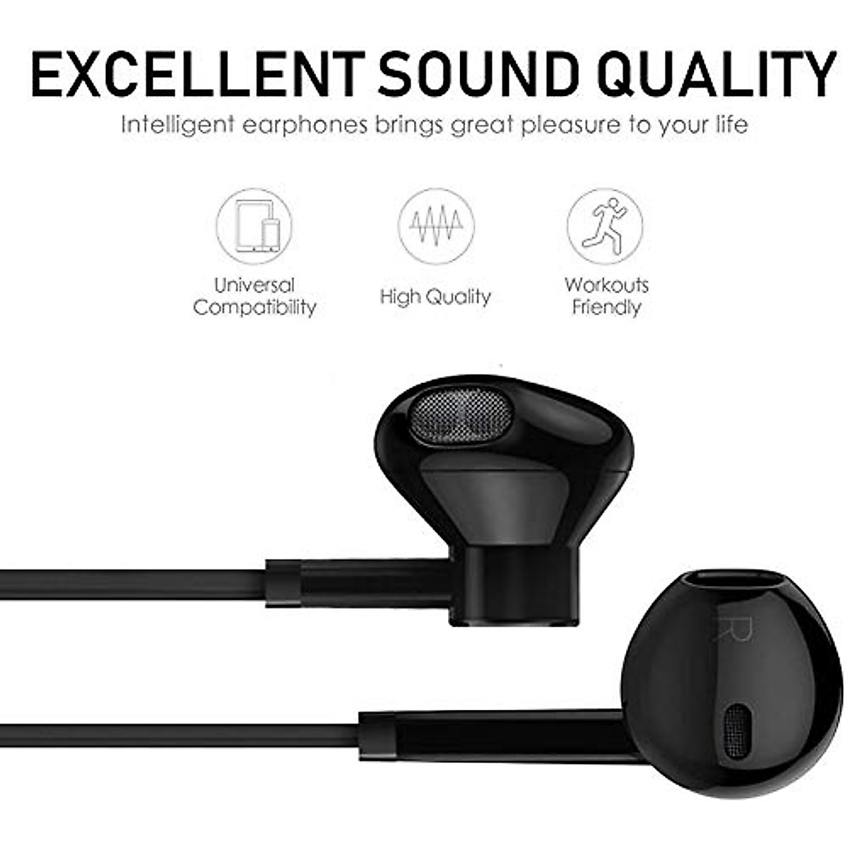 Headphones with Microphone, Boost+ Balanced Bass Driven Earbuds, Microphone Volume Slide Control, Lightweight Earphones with 3.5mm Connector Jack for Laptop/Smartphone/PC, Black