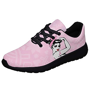 Breast Cancer Shoes for Women Fashion Breathable Running Sneakers Ladies Cancer Pink Ribbon Shoes Black Size 8