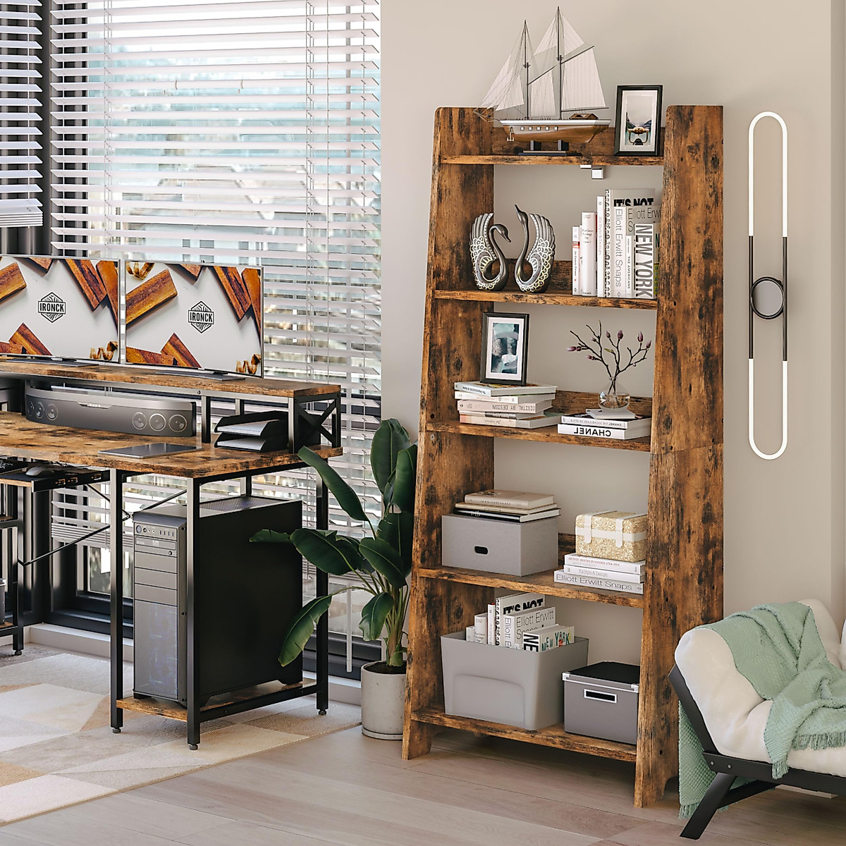 IRONCK Bookshelf and Bookcase, Industrial 5 Tier Wood Ladder Shelf, for Home Office, Living Room, Bed Room, Vintage Brown