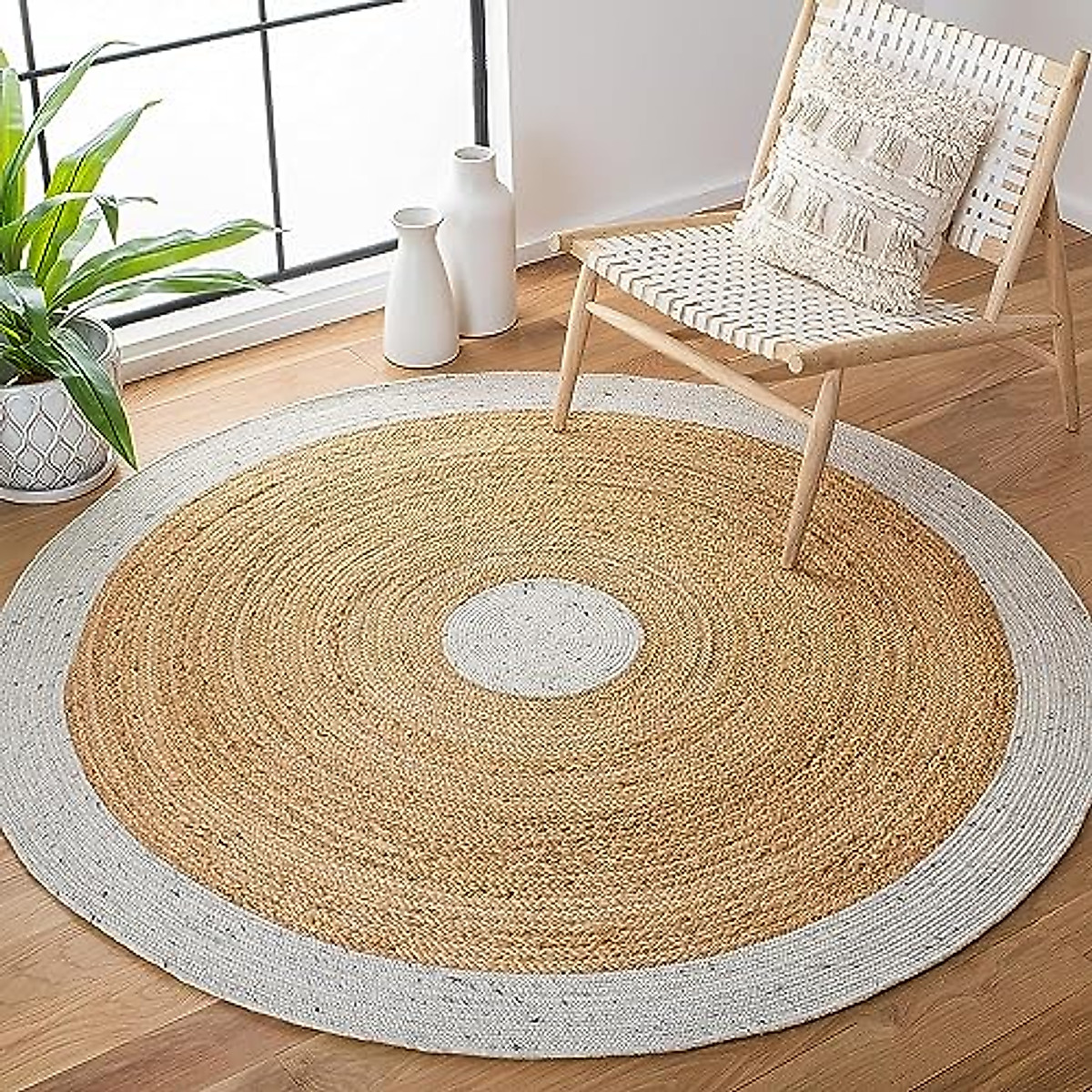 Natural Round Jute Rug 1'x1'/ 3'x3'/ 6'x6'/ 10'x10' Ft for Bedroom- Handwoven Farmhouse Round Rug for Dinning Table- Braided Circle Rug for Living Room (4' x 4' Ft, White)