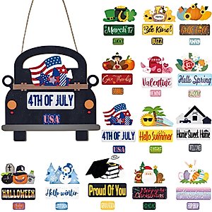 Interchangeable Welcome Sign Farmhouse Seasonal Truck Welcome Sign Interchangeable Holiday Decor and 45 Pcs Rustic Holiday Icons Hanging Truck Door Hanger for Front Door Home Porch Spring Decorations
