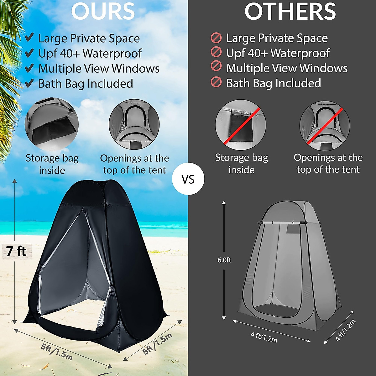 Pop Up Large Privacy Tent - 5 x 5 x 7Ft - Oversized Strong Camping Toilet Tent- Portable Camp Shower Pod w/Hooks- Porta Pod- Outdoor Bathroom, Potty, Changing Private Room (Black)