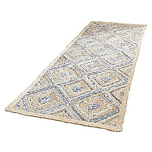 SAFAVIEH Cape Cod Collection Runner Rug - 2'3" x 8', Natural & Blue, Handmade Flat Weave Diamond Braided Jute & Denim, Ideal for High Traffic Areas in Living Room, Bedroom (CAP354A)