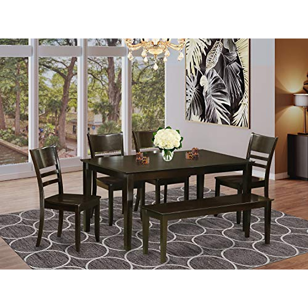 East West Furniture Capri 6 Piece Kitchen Table & Chairs Set Contains a Rectangle Table and 4 Dining Room Chairs with a Bench, 36x60 Inch, Cappuccino