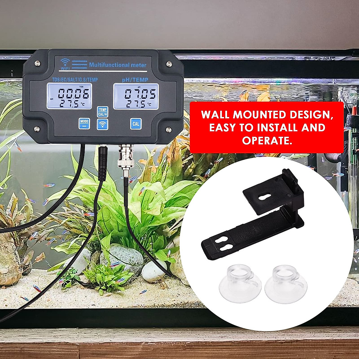 DANOPLUS Smart Water Quality Tester, 24 hrs Wireless App Monitoring of pH EC TDS Salinity SG Temperature, Mountable with Alarm Function for Aquariums & Hydroponics