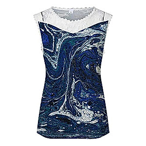 2023 Womens Lace Tank Tops Sleeveless Printed Tops Round Neck Splicing Tank Tops Slim Comfortable Lightweight T-Shirt