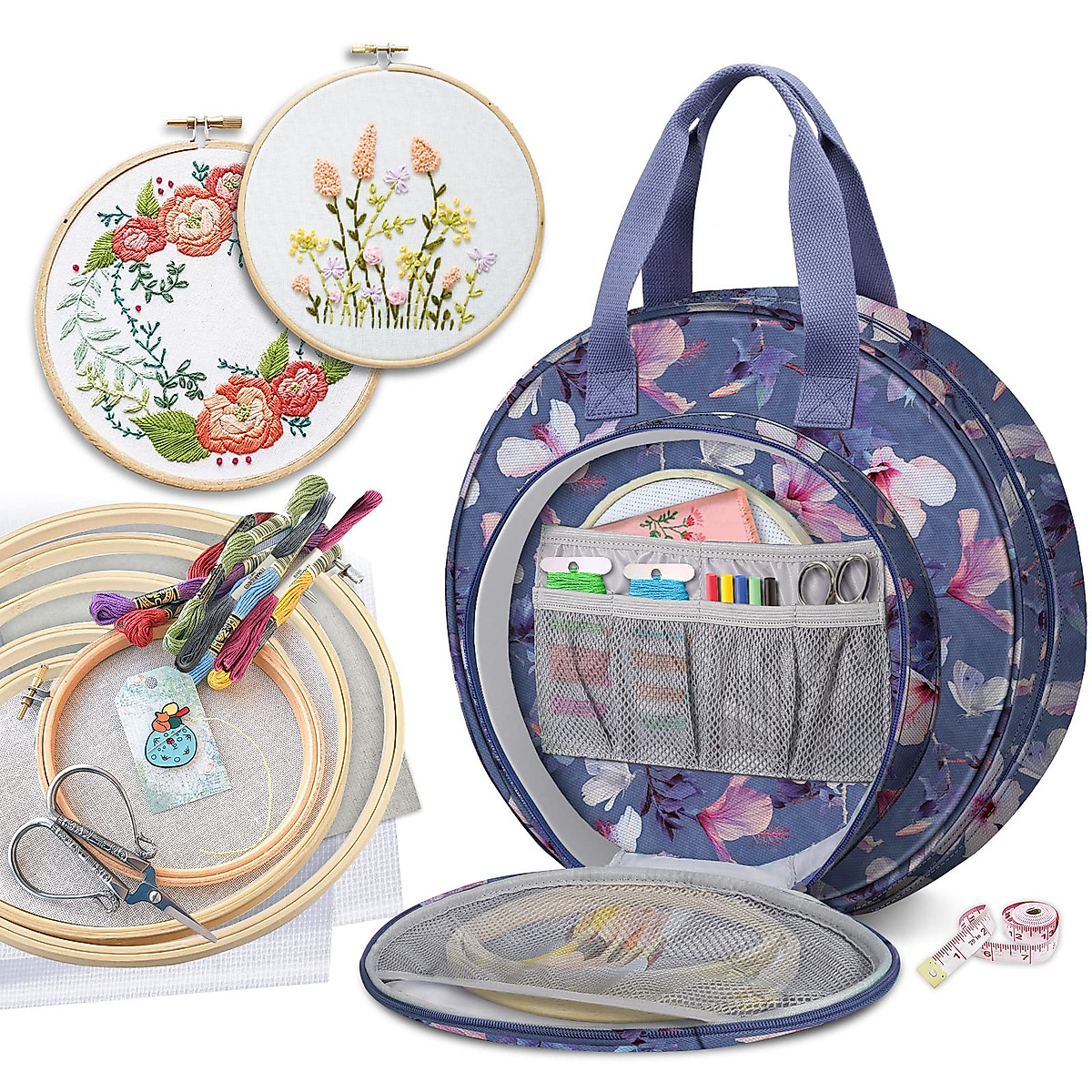 FINPAC Embroidery Project Bag, Embroidery Supplies Storage Carrying Tote Case with Multiple Pockets for Embroidery Floss, Embroidery Hoops, Thread, Stitch Tools Kit [Bag Only] - Blooming Hibiscus