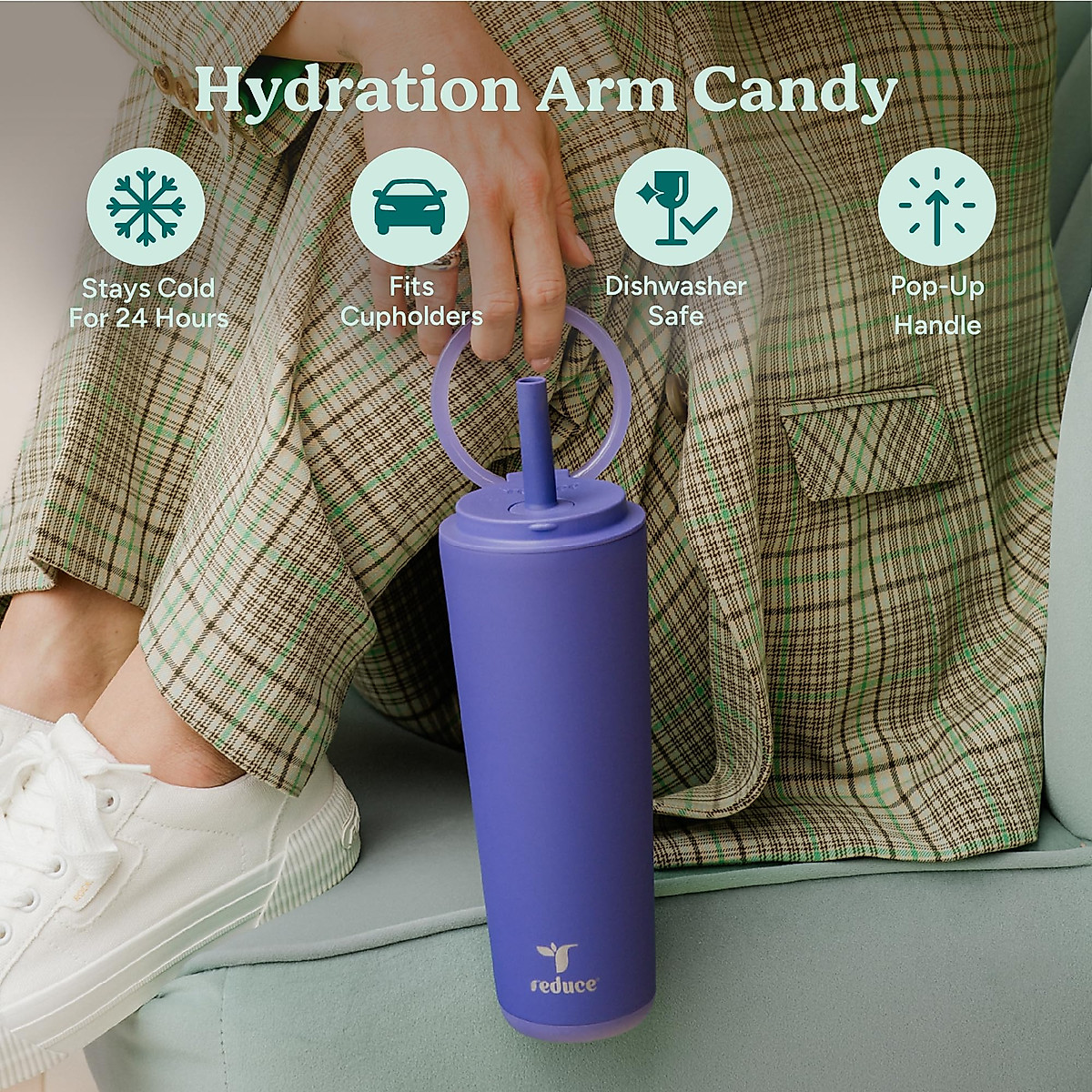 REDUCE Halo 24 oz Stainless Steel Vacuum Insulated Tumbler - Spill Proof Travel Mug with Flip Handle Lid - Keeps Drinks Cold for 32 Hrs - Dishwasher Safe - Cupholder Friendly - French Vanilla