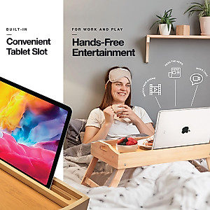 Bed Table Tray with Folding Legs, Laptop Holder and Handles - Breakfast Tray Bamboo Bed Tray for Eating, Sofa, Bed, Food Trays for Eating on Couch, Snacking and Working