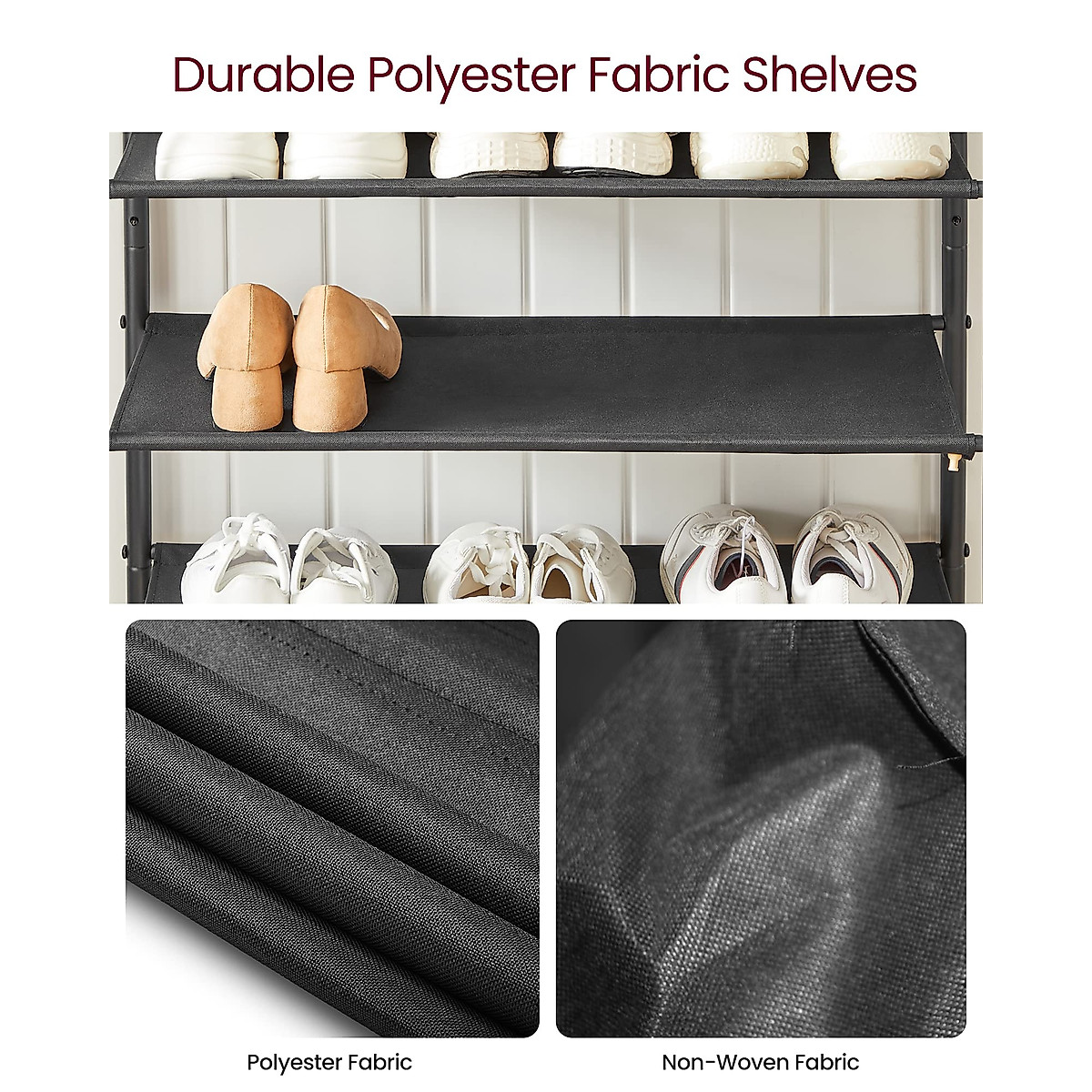 VASAGLE Shoe Rack 5 Tier, Narrow Shoe Organizer for Closet Entryway, with 4 Fabric Shelves and Top for Bags, Shoe Shelf, Steel Frame, Industrial, Rustic Brown and Black ULBS036B01