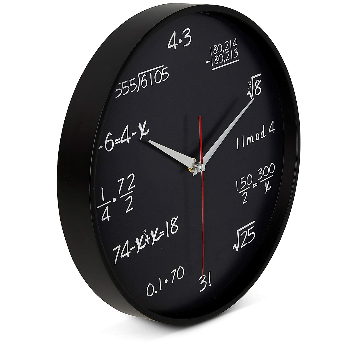 Bernhard Products Math Wall Clock Black 12 Inch Silent Non-Ticking Unique Gift for Teacher/Student/Engineer Graduate Quartz Round Battery Operated, Home Office School Classroom, Mathematical Equations