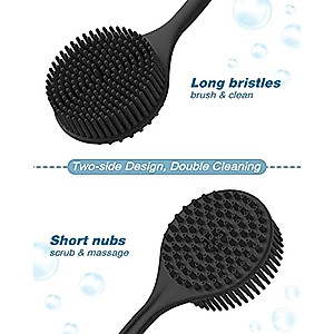 ManmiHealth Silicone Back Scrubber for Shower(Thick Bristles), Body Scrubber with 15'' Long Handle, Light & Easy-to-Hold Shower Brush for Skin Exfoliating and Massaging, Not Good in Lathering.(Black)