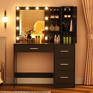 usikey Makeup Vanity with Lights, Vanity Desk with Mirror and 10 LED Lights, Vanity Table Set with 4 Drawers, Cabinet & 4 Necklace Hooks, Dressing Table for Bedroom, Black