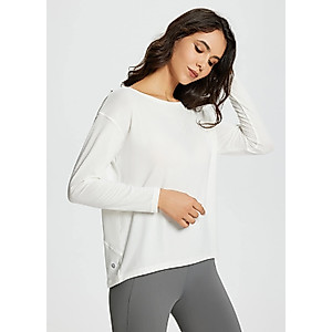 BALEAF Womens Long Sleeve Workout Tops Active Running Shirts Loose Fit Quick Dry Athletic Yoga Tee Shirts Lightweight Casual Fall White XL