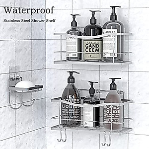 GeekDigg Shower Caddy, Shower Organizer with Soap Holder 3 Pack, Wall Mounted Stainless Steel Rustproof Drill-Free Self Adhesive Shower Shelves with Hooks for Bathroom & Kitchen (Silver)