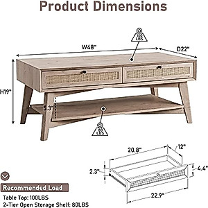 OKD Coffee Table, Mid Century Modern Storage Center Table for Living Room with Natural Rattan Double Sliding Drawers 2-Tier Open Shelf, Easy Assembly, Oak