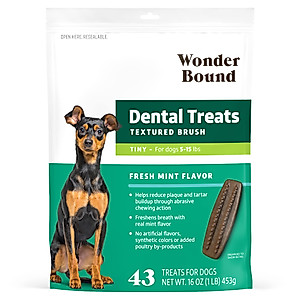 Amazon Brand - Wonder Bound Dog Dental Treats for Tiny Dogs (5-15 lbs), Fresh Mint Flavor, Made with Real Chicken, Nubbed Texture for Plaque & Tartar Control, Freshens Breath While Chewing, 43 Count