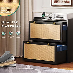 YITAHOME Rattan File Cabinet with Charging Station, Large Lateral Filing Cabinet for Home Office, Black