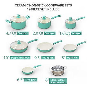 SUNHOUSE - Multifunction 12-Pieces PFOA-free Ceramic Cookware Set - Ceramic Induction Pots And Pans Set - Kitchen Cookware Sets Including 2 Saucepans, 2 Frying Pans, Stock Pot, Steamer and Saute Pan