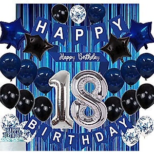Navy Blue 18th Birthday Decorations for Boys Girls - Navy Blue and Black Silver Birthday Party Supplies Include Blue Happy Birthday Banner, Sash, Balloons and Background Curtain for 18th Birthday Party decorations (18th)
