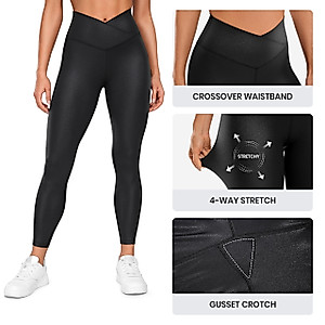 CRZ YOGA Womens Butterluxe Matte Faux Leather Cross Waist Leggings 25" - V Crossover High Waisted Lounge Leggings Black Classic Medium