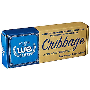 WE Games 3 Player Wood Cribbage Set - Easy Grip Pegs and 2 Decks of Cards Inside of Board - Black Stained