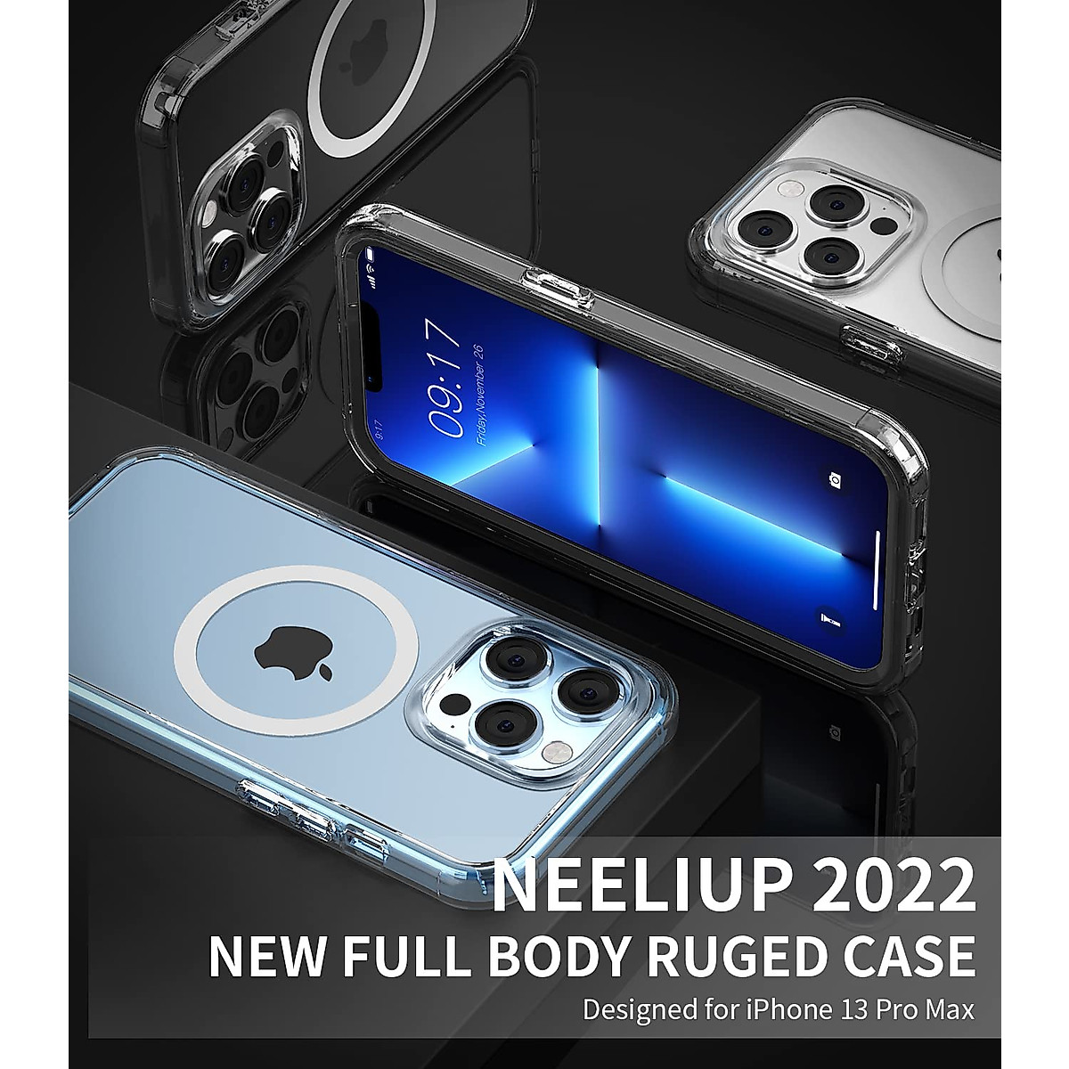 Neeliup Privacy Case for iPhone 13 Pro Max[100% Screen Sensitivity][with Anti Peep Screen Protector][Full Body Protection] Magnetic Case for iPhone 13 Pro Max Sierra Blue